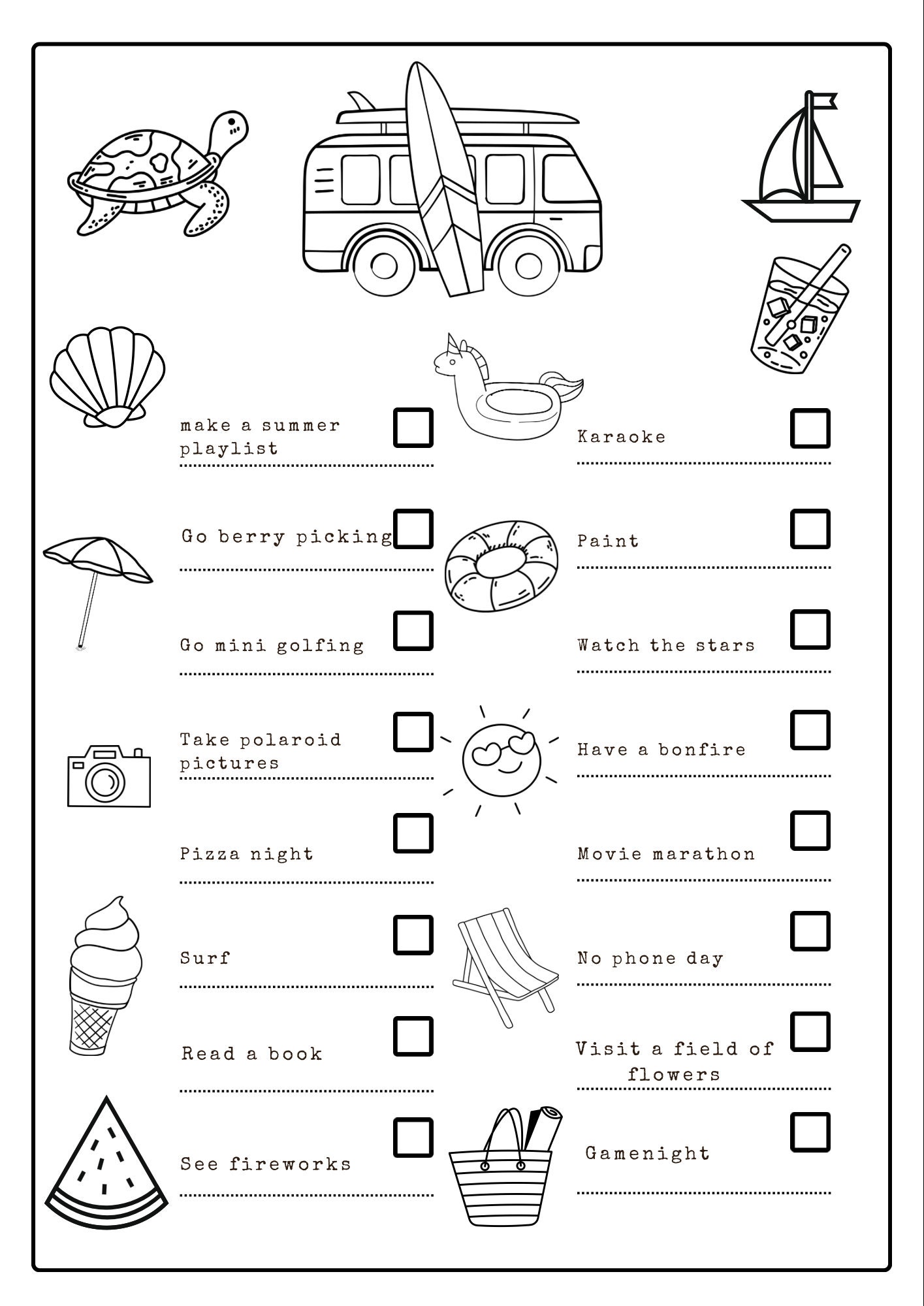 Summer Bucket List Printable Pdf Colorable - Etsy