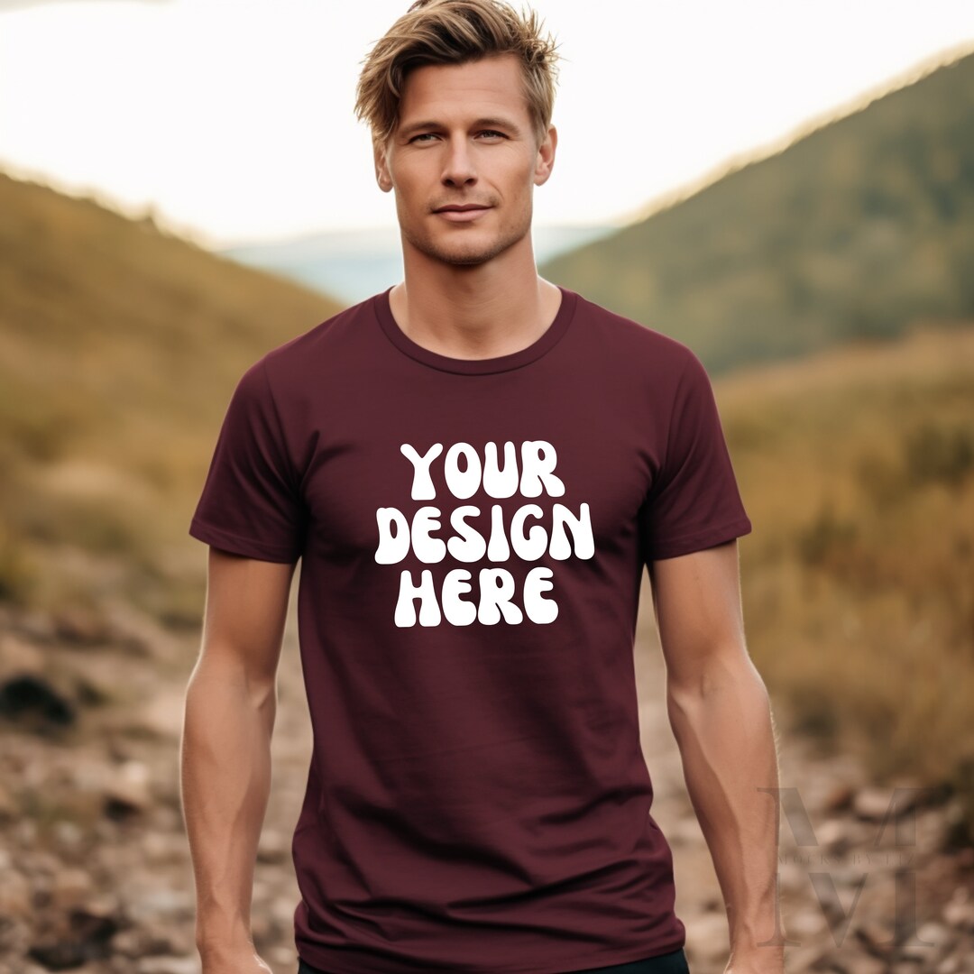 Gildan 64000 Maroon Mockup T Shirt Mockups Hiking Mockup Male Model ...