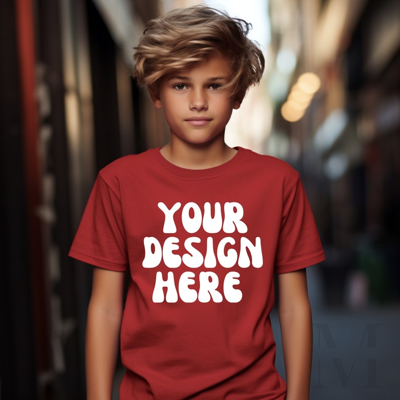 Gildan 5000B Boy Shirt Mock up Red T-shirt Mockup Scene Kids Digital ...