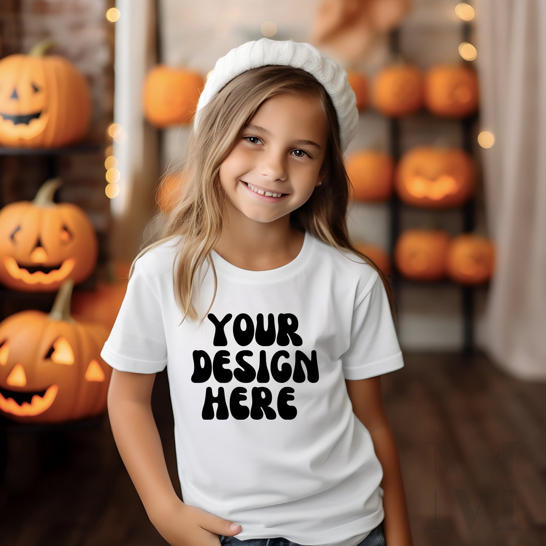 3001Y White Shirt Mockup Kids Halloween Mock Ups Aesthetic Youth Fall ...