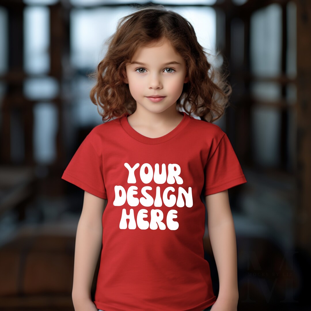 Red Girl T Shirt Mockup Kid Modeled Mockups 5000B Gildan Mock Ups Child ...
