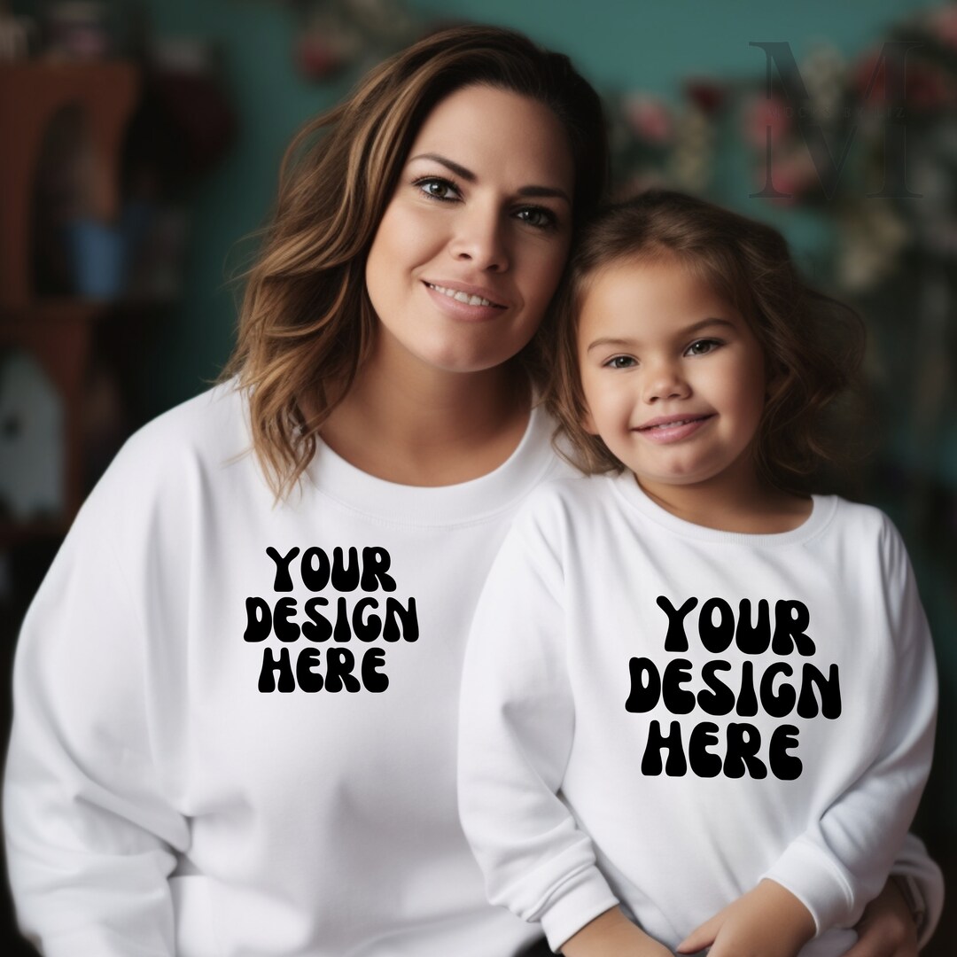Plus Size Mommy and Me Diverse Mockups Gildan 18000 B White Sweatshirt ...