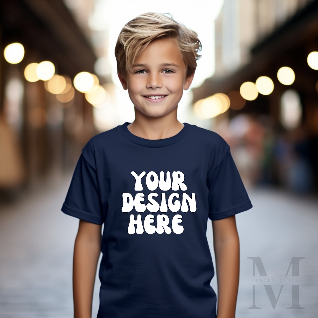 5000B Navy Blue Boy Mockup Kid Modeled T Shirt Mockups Gildan Mockup ...