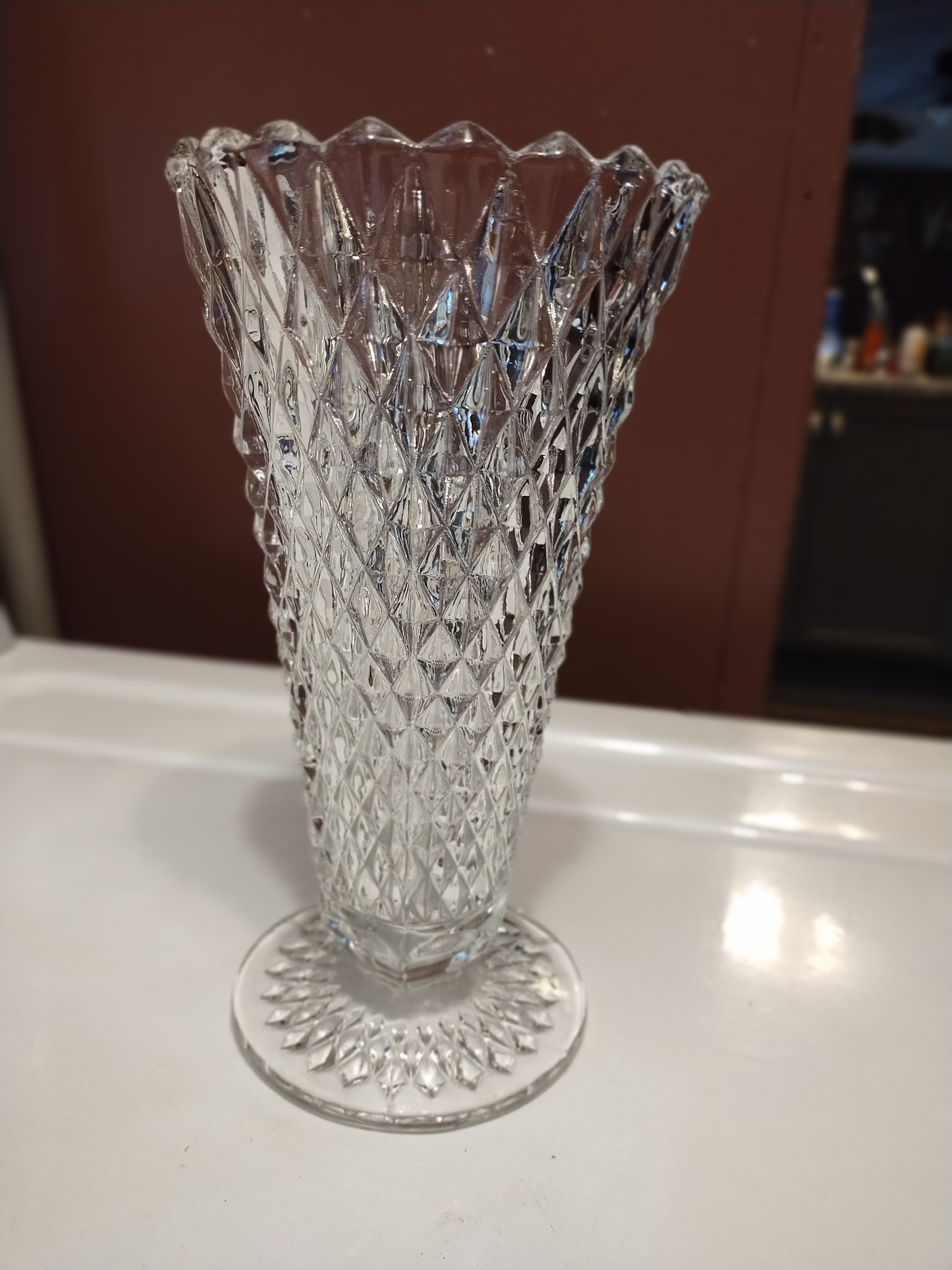 Vintage Indiana Crystal Glass Diamond Point Pattern Vase 8" Tall - Etsy
