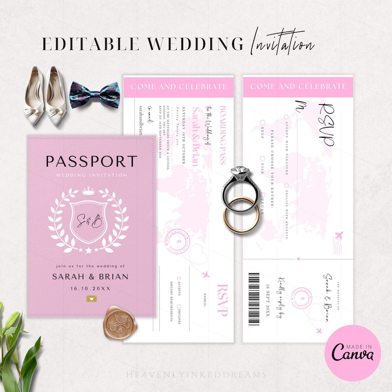 Passport Wedding Invitation Template, Editable, Greenery Wedding ...