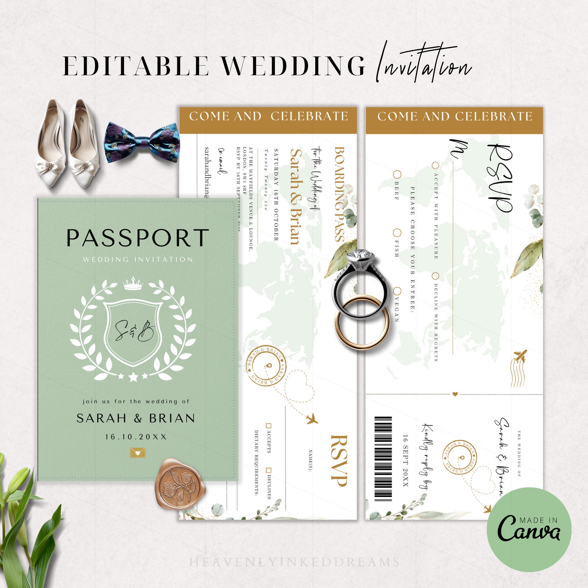 Passport Wedding Invitation Template, Editable, Greenery Wedding ...