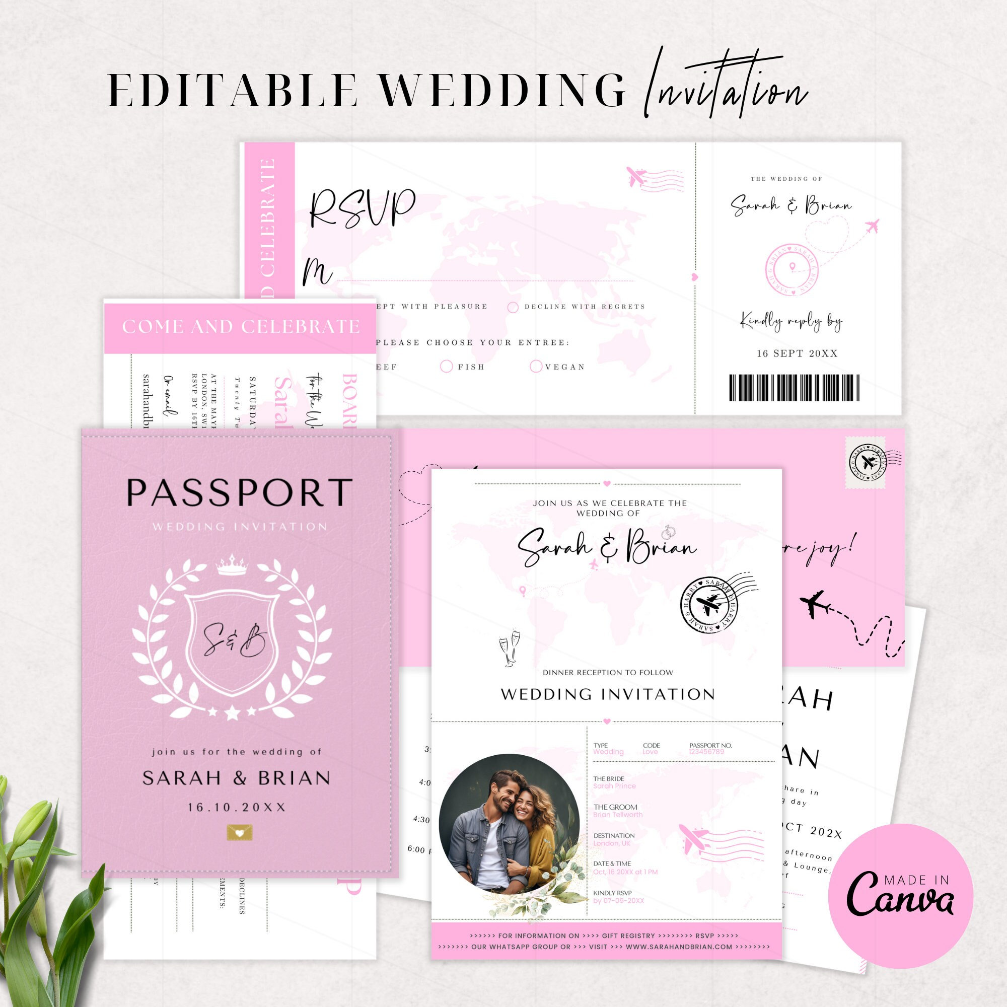 Passport Wedding Invitation Template, Editable, Greenery Wedding ...