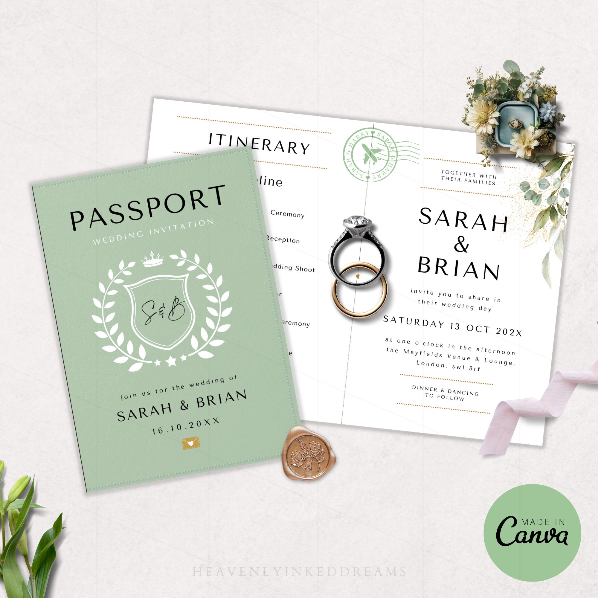 Passport Wedding Invitation Template Editable Greenery Wedding