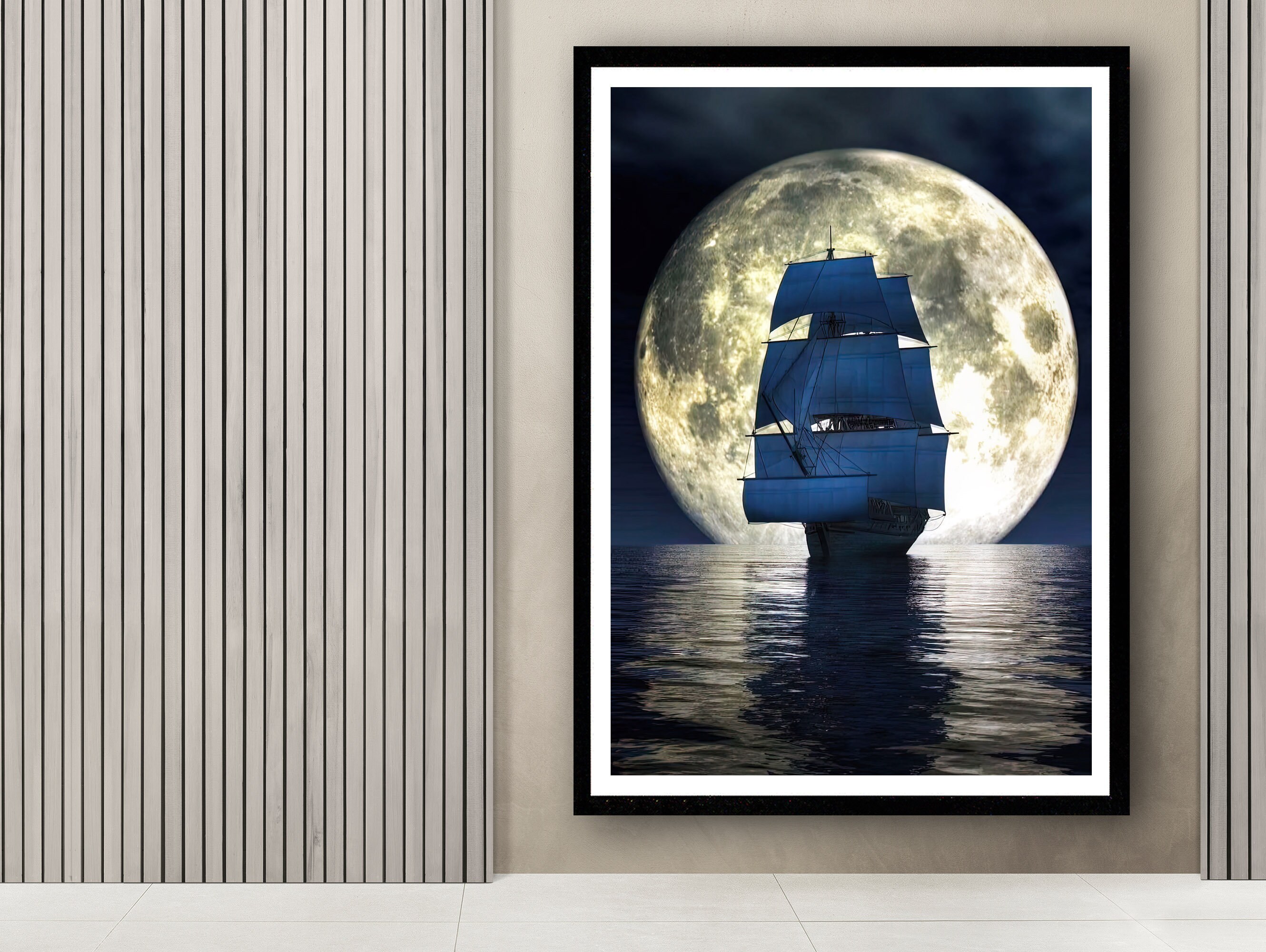 Full Moon and Sailing Ship Printable Wall Art, Night Seascape Wall Art ...