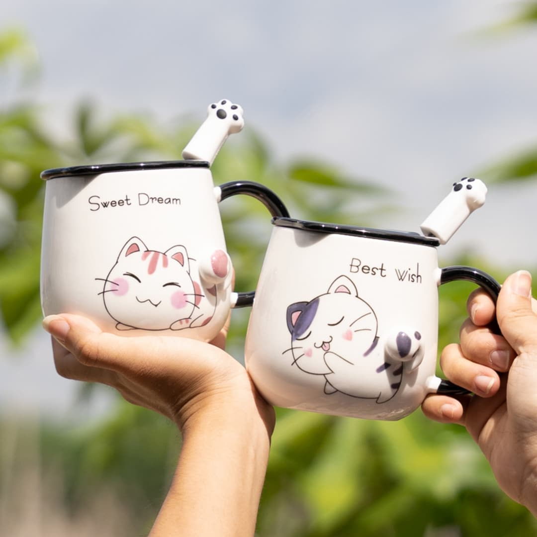 Cute Cat Ceramic Mug With Spoon and Lid Handmade Cat Mug Crazy - Etsy UK
