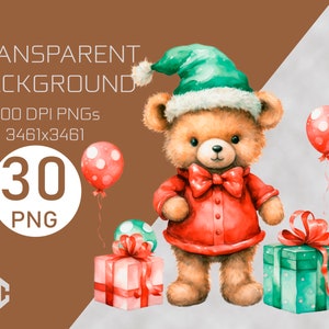 Cute Christmas Teddy Bear PNG Clipart Watercolor Teddy Bear - Etsy