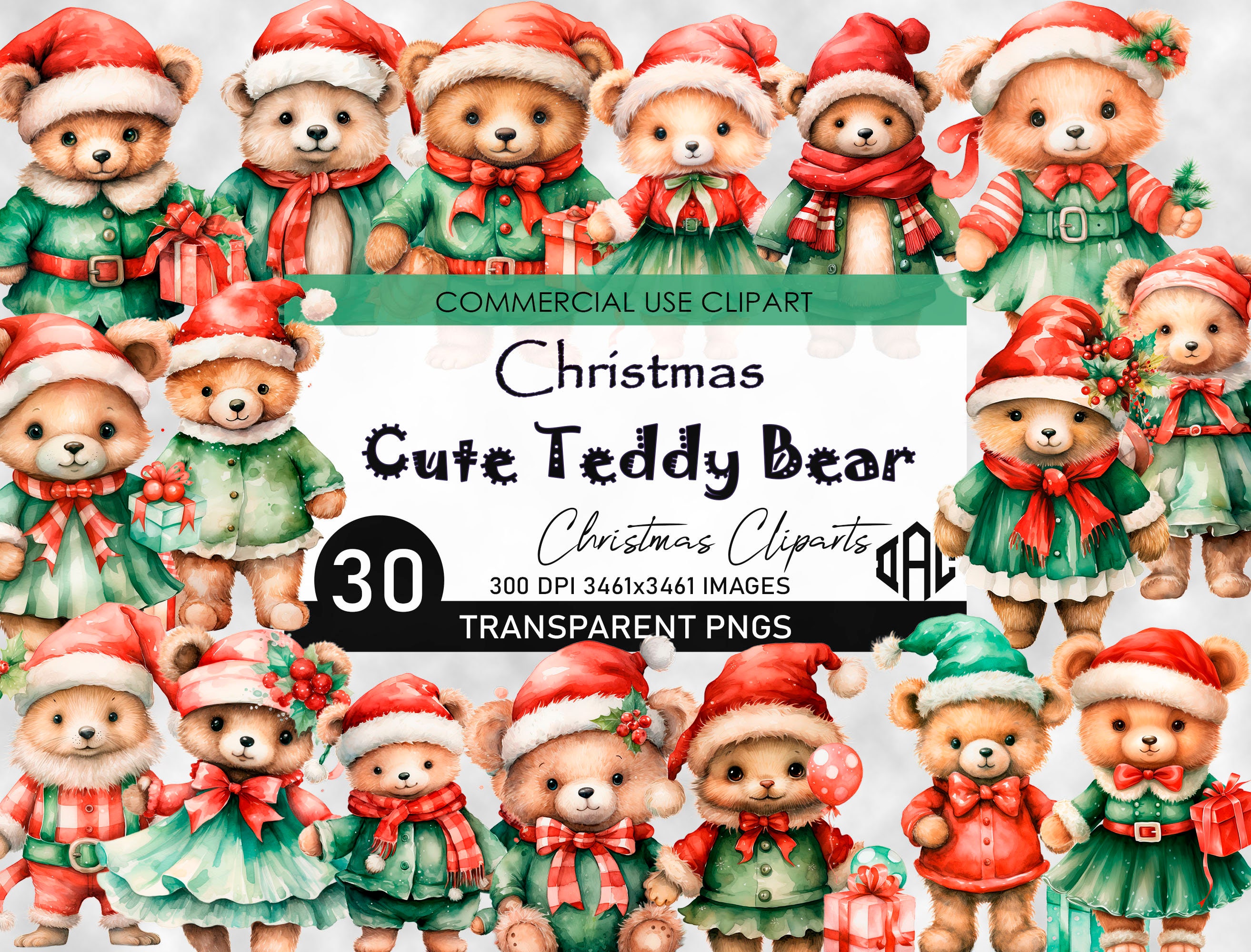 Cute Christmas Teddy Bear PNG Clipart Watercolor Teddy Bear - Etsy