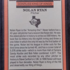 Rare 1990 Nolan Ryan Error Card Donruss King of Kings Missing # on Back ...
