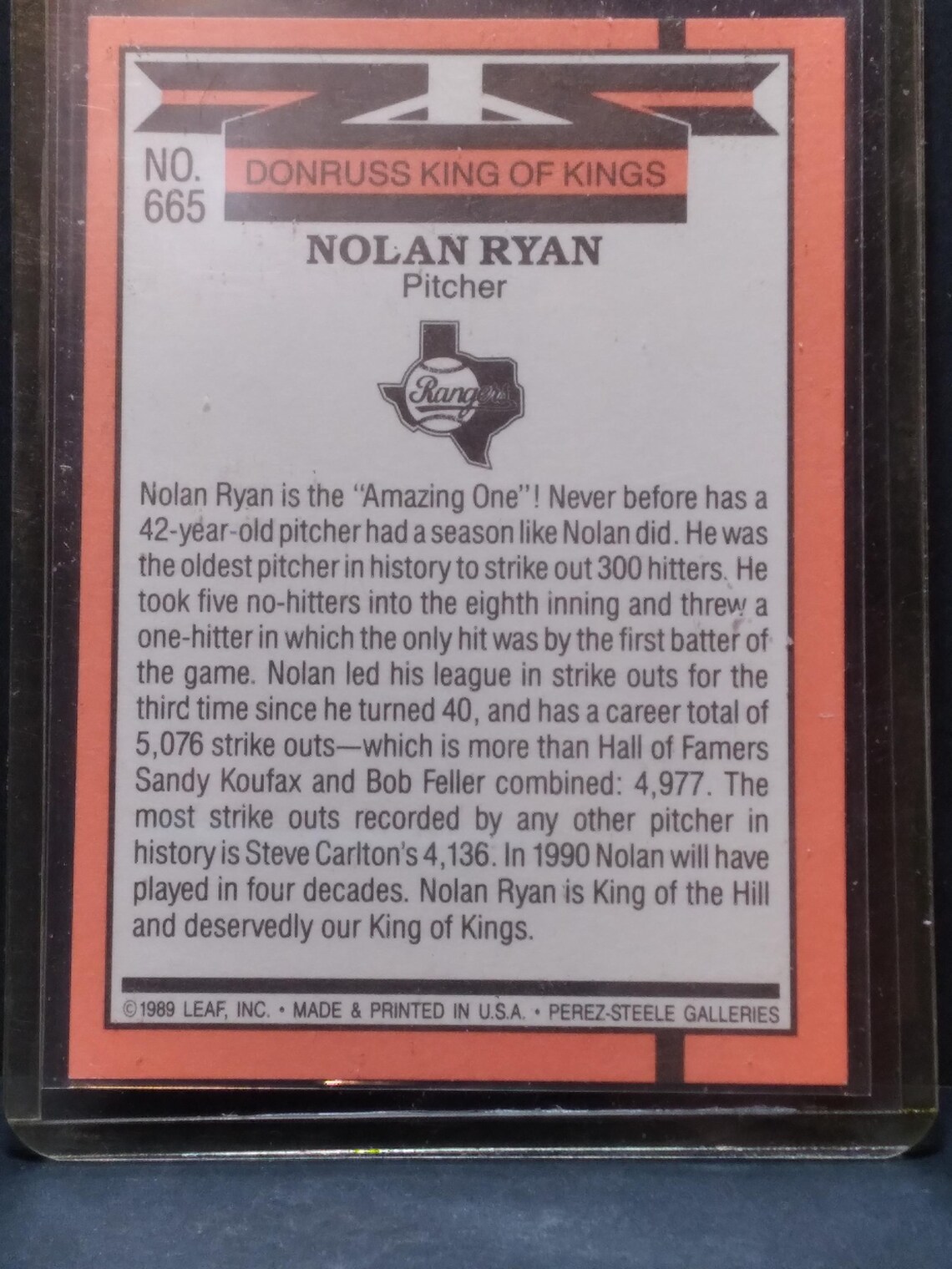 Rare 1990 Nolan Ryan Error Card Donruss King of Kings # 665 Wrong Back ...