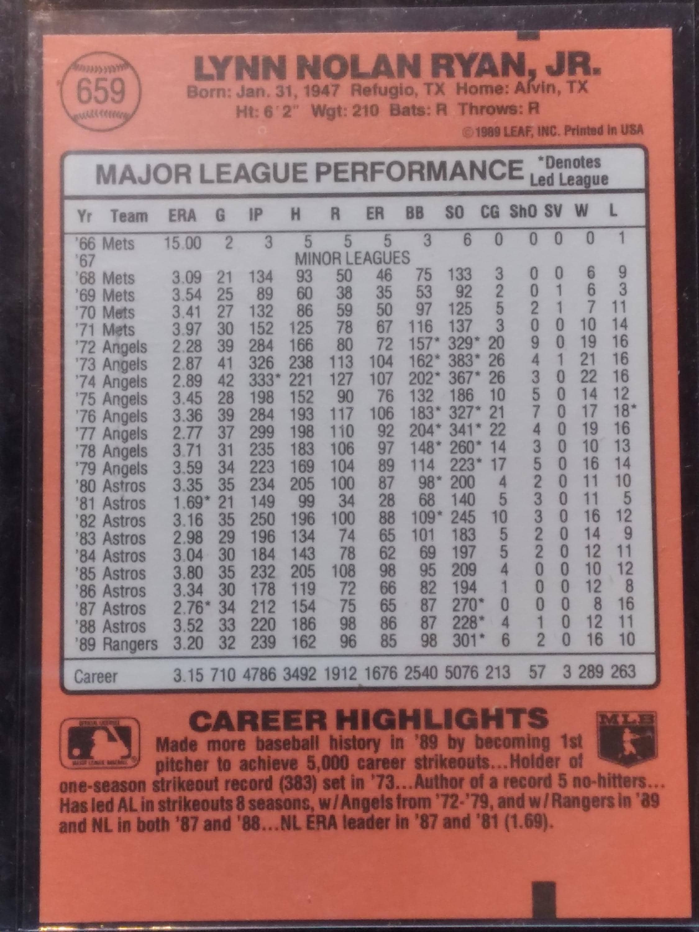 Rare 1990 Nolan Ryan Error Card Donruss King of Kings # 665 Wrong Back ...