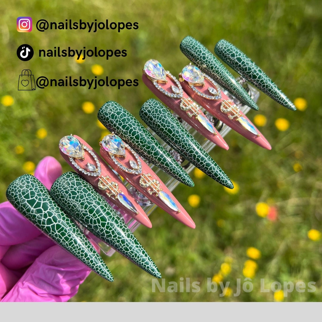 Green Cracked Earth Nails |XL Stiletto Full Bling Press on Nails |glue ...
