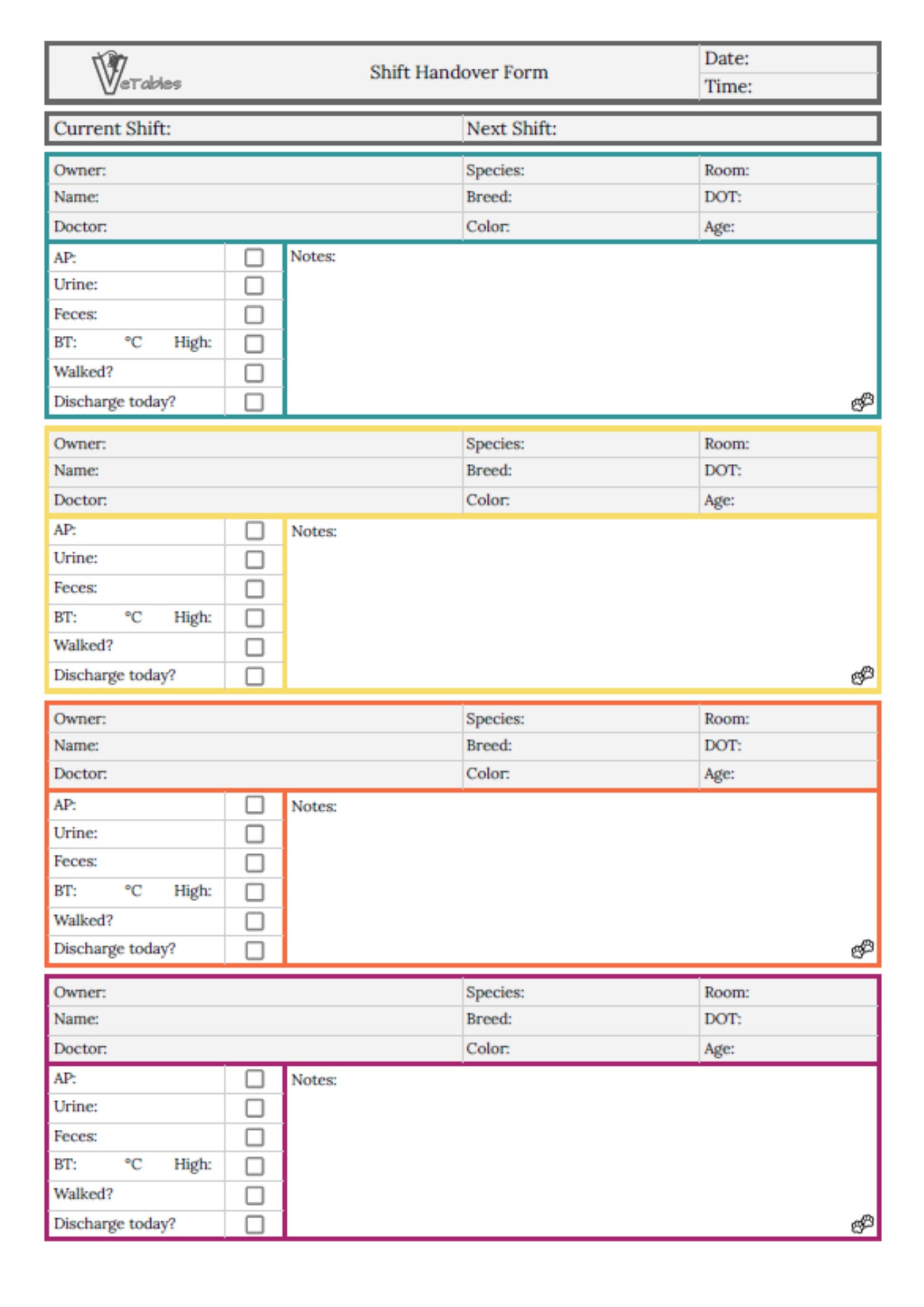 Shift Handover Form for Veterinary Professionals: Efficient, Organized ...