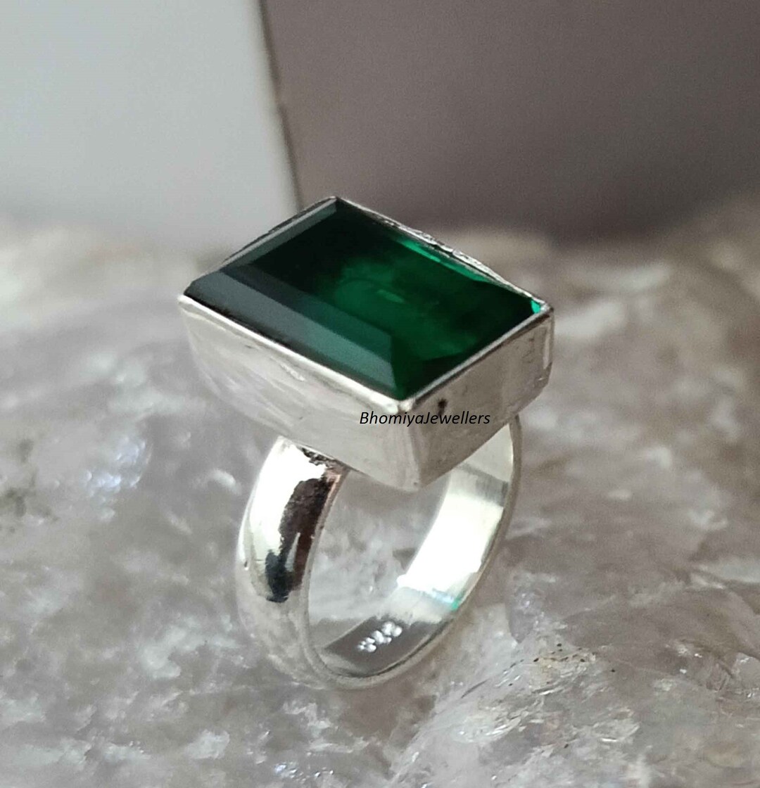 Emerald Green Gemstone Ring, Rectangle Shape Ring, 925 Sterling Silver ...