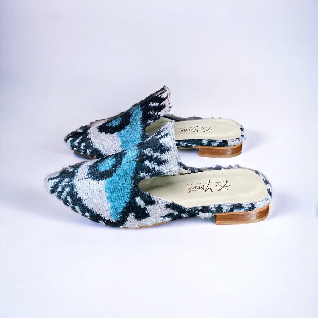 Blue Pointed Toe Slipper, Velvet Eye Slipper, Evil Eye Shoe, Short Heel ...
