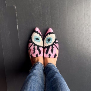 Pink Velvet Slipper, Woman Leather Slides, Evil Eye Shoe, Short Heel ...
