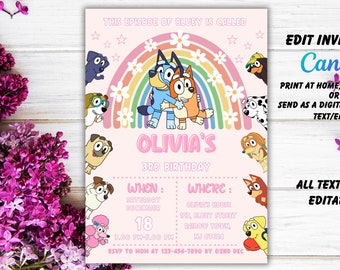 Bluey Birthday Invitation Personalised Bluey Kids Invite Evite Card ...