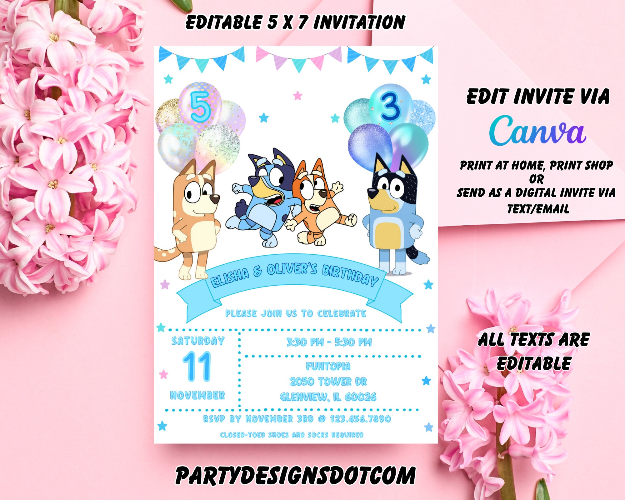 Invitación de cumpleaños de Bluey Siblings Canva Plantilla editable ...
