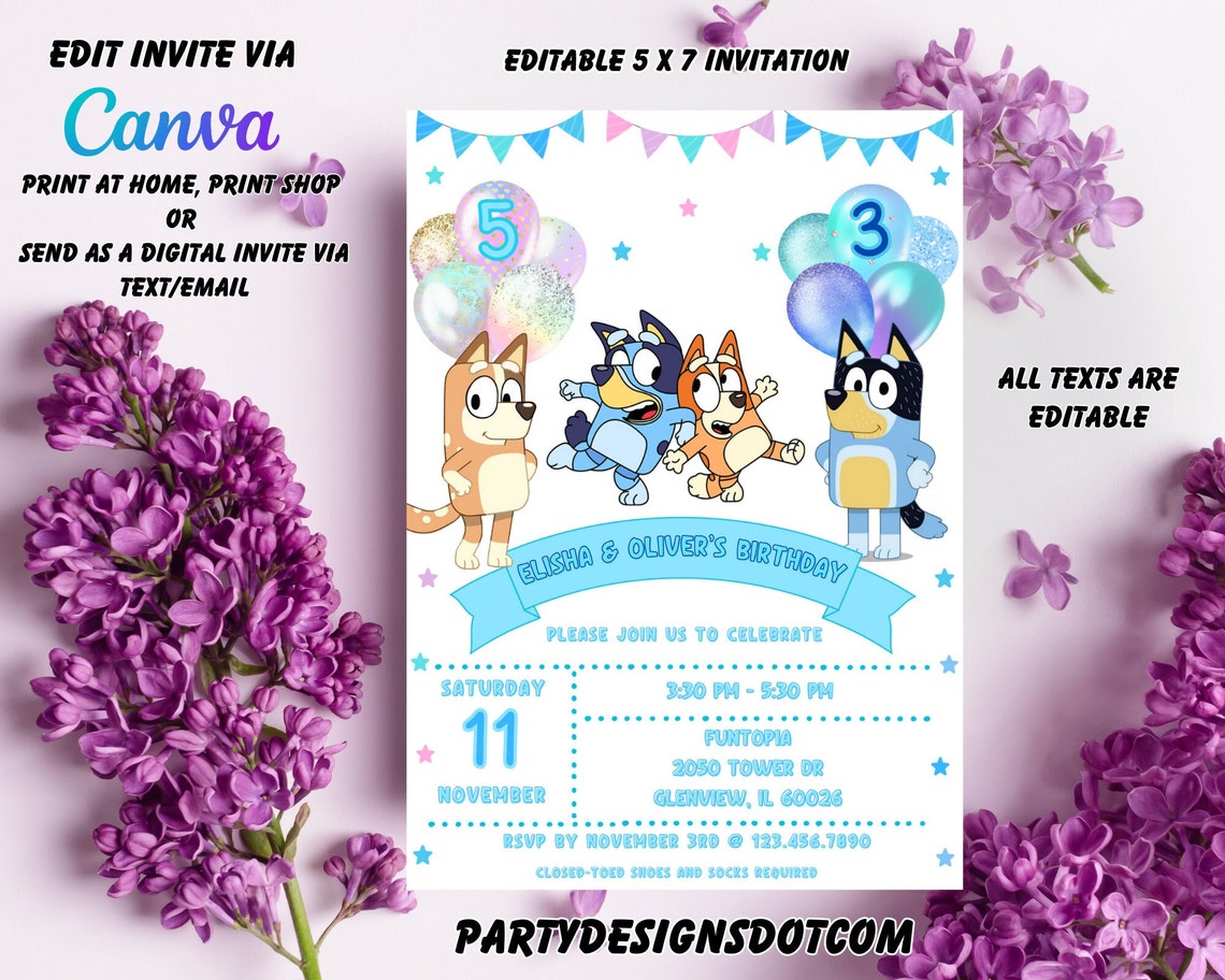 Invitación de cumpleaños de Bluey Siblings Canva Plantilla editable ...