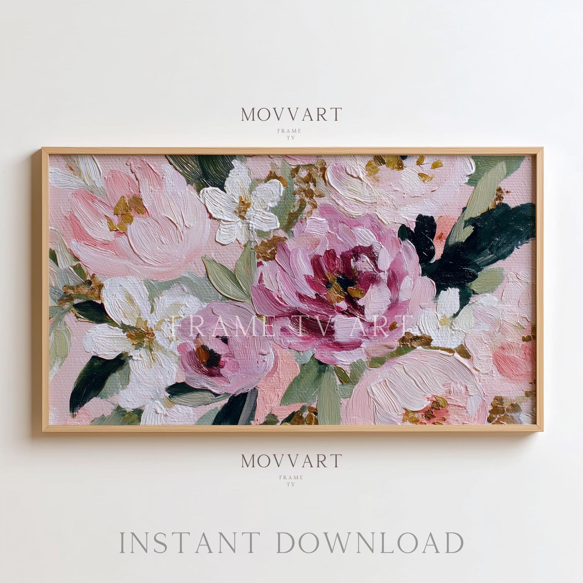 Pink Peony Floral Frame TV Art: Romantic Cottagecore Oil Painting ...