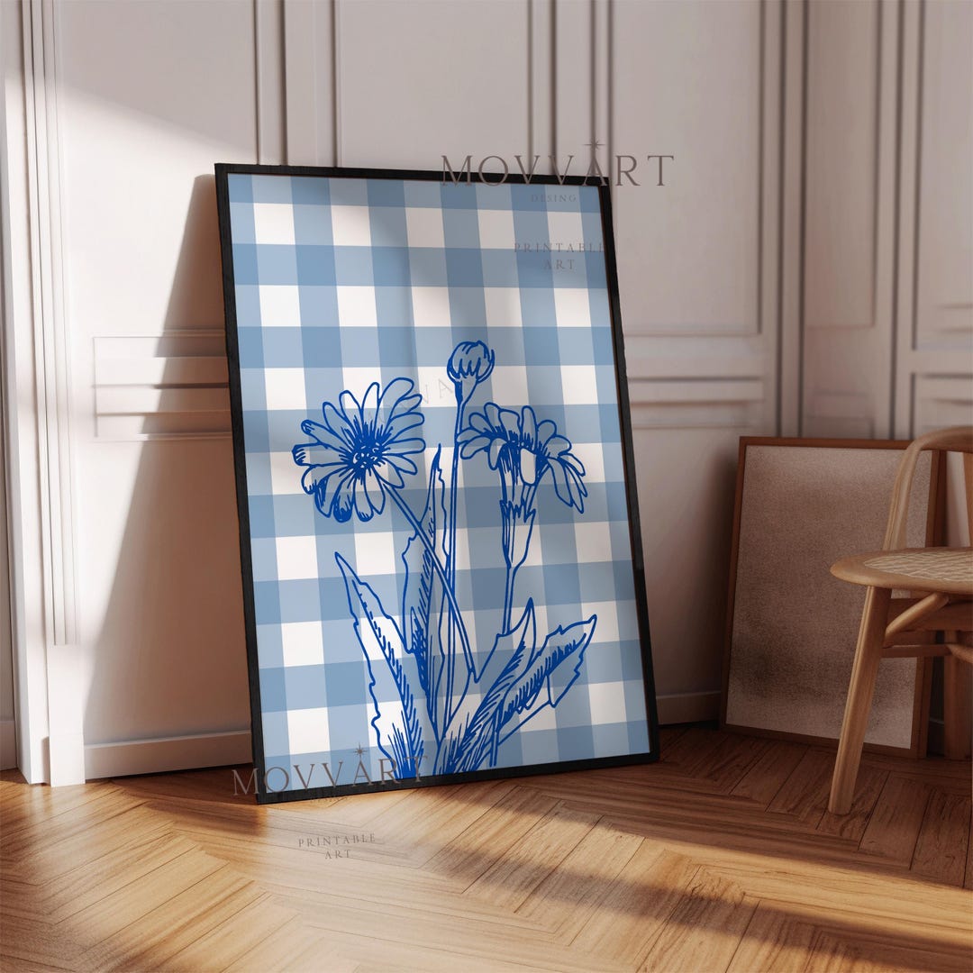 Blue Flower Line Drawing, Botanical Line Art Print, Blue Daisy Bouquet ...