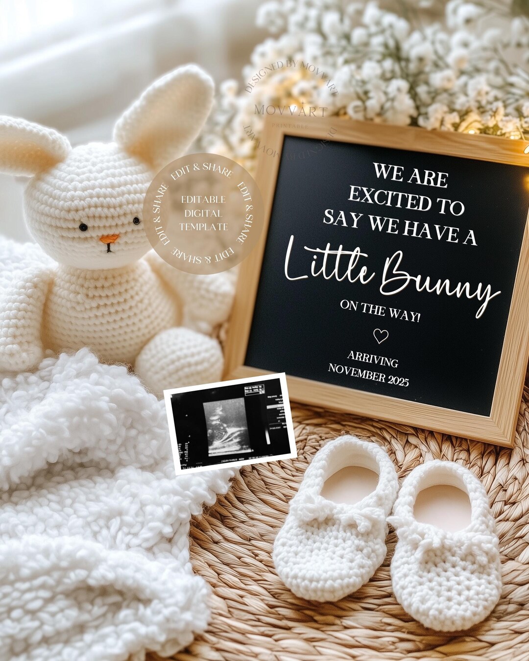 Bunny Easter Spring Baby Announcement, Digital Baby Reveal, Cute April ...