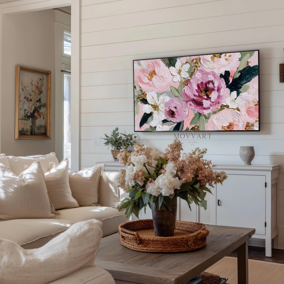 Pink Peony Floral Frame TV Art: Romantic Cottagecore Oil Painting ...