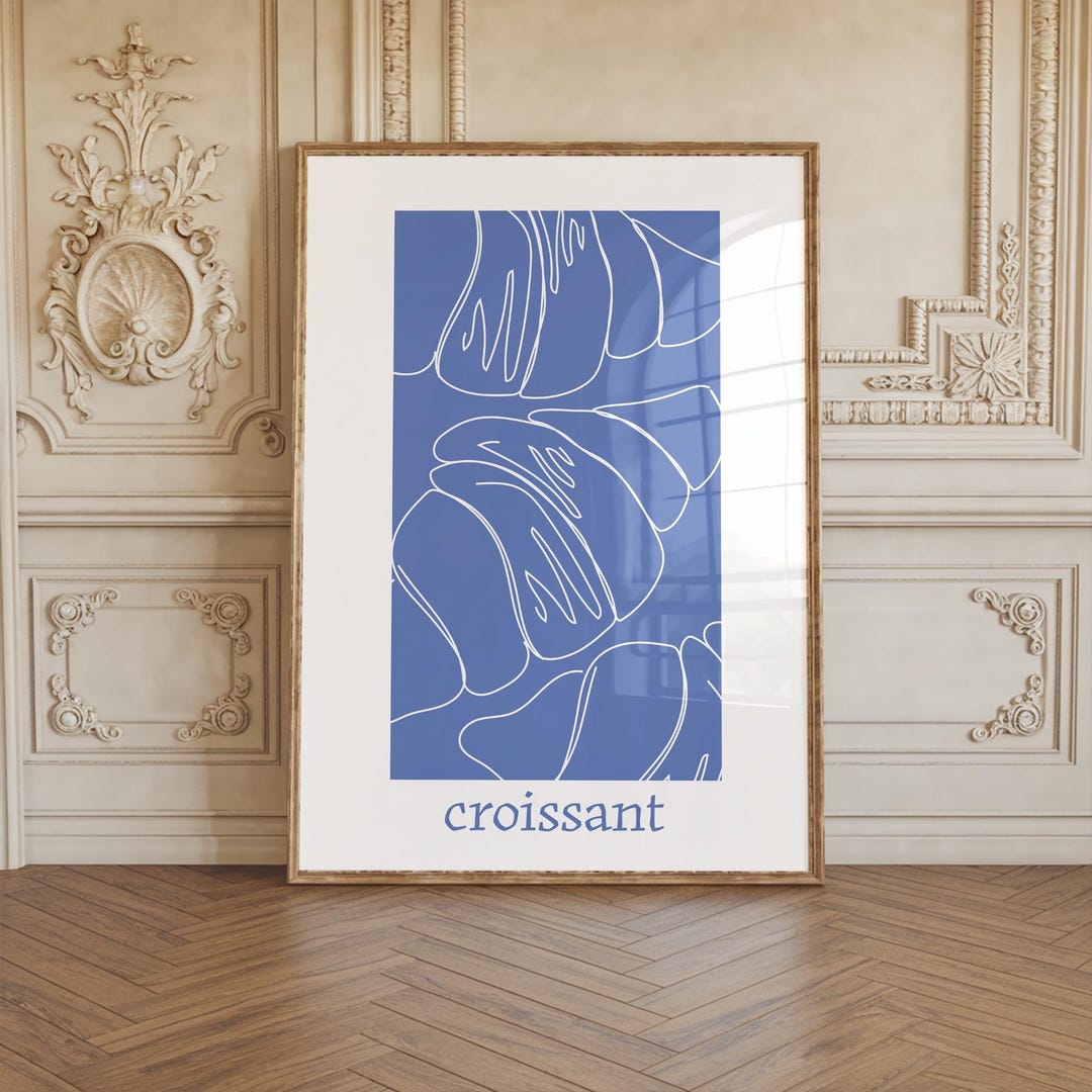 Croissant Fine Line Art Blue Poster French Breakfast Kitchen Dining ...