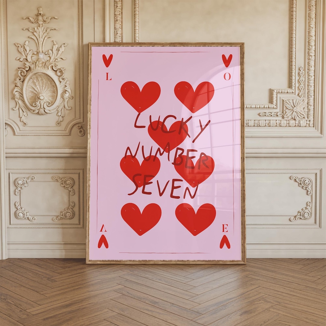 Hand-drawn Lucky Number Seven Playing Card Seven of Hearts Valentines ...