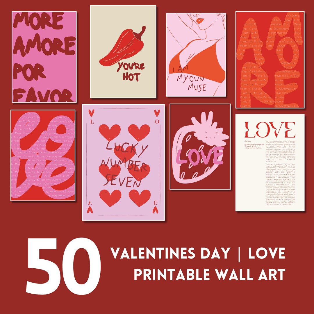 50 Hand-drawn Valentines Day Wall Art Set Romantic Love Decor Poster ...