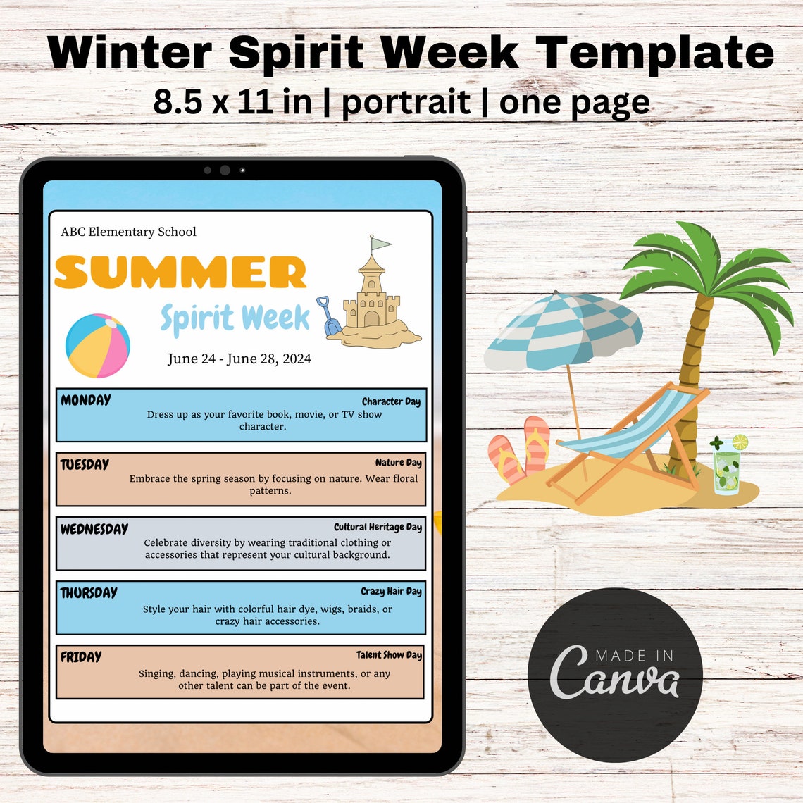 Summer Spirit Week Template Version 2 Spirit Week Ideas for School ...
