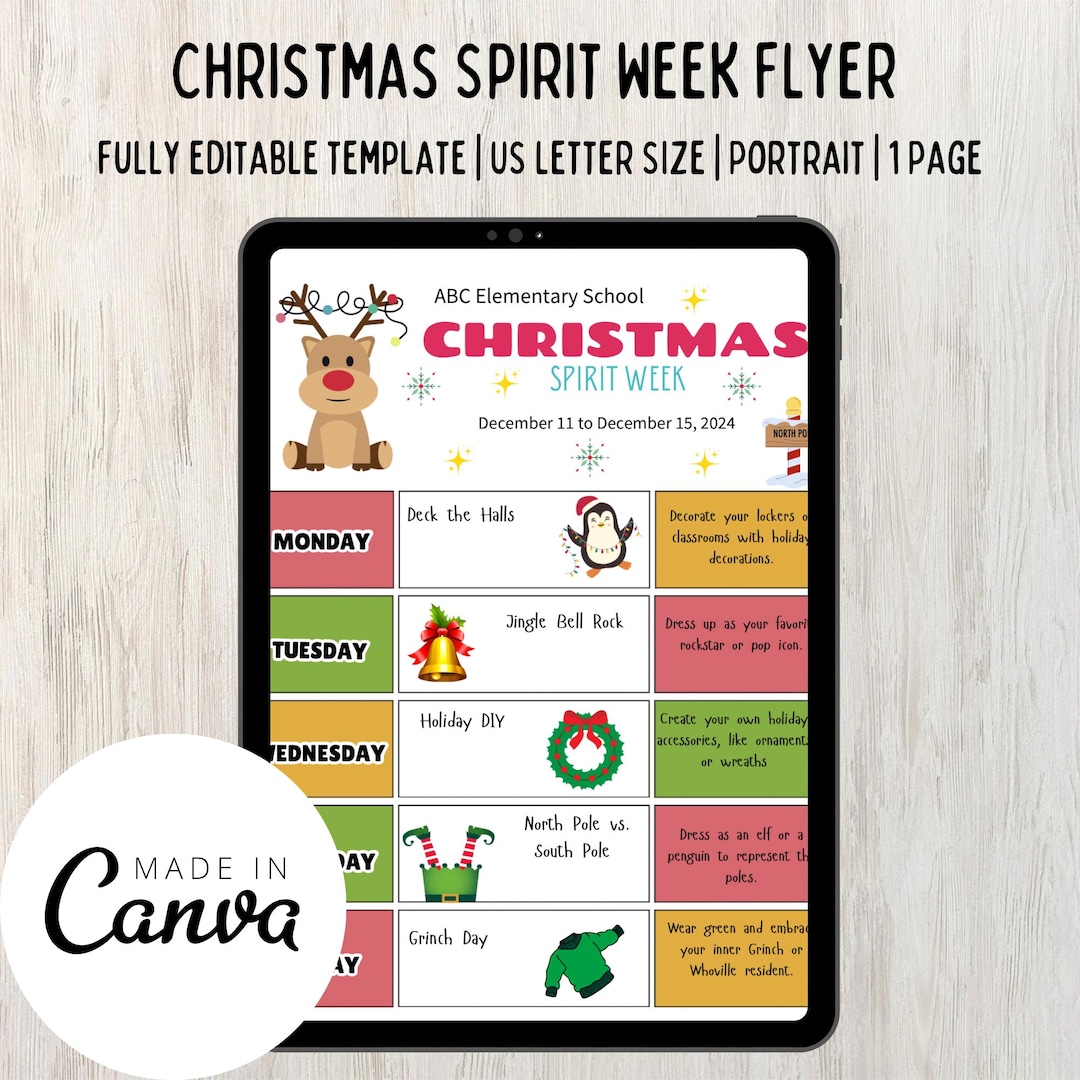 Christmas School Spirit Week Editable Flyer V5 | Customizable Canva ...
