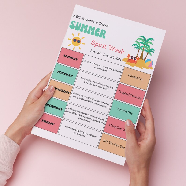 Summer Spirit Week Template Version 1 | Spirit Week Ideas for School ...