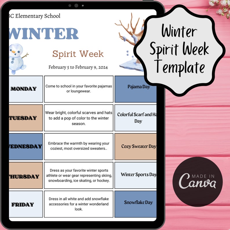 Winter Spirit Week Editable Template Version 1 for School, Daycare or ...