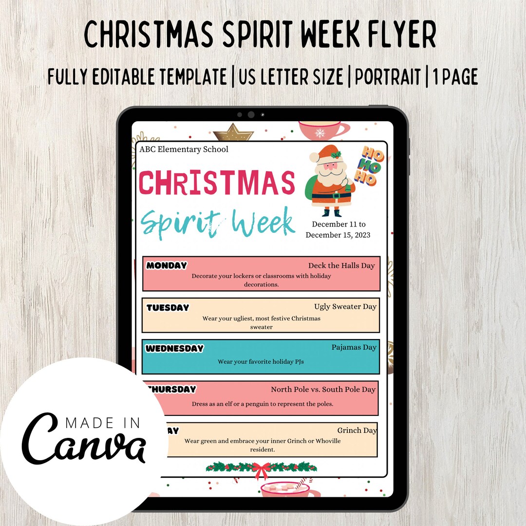 Christmas Spirit Week Editable Flyer V4 | Editable Canva Template ...
