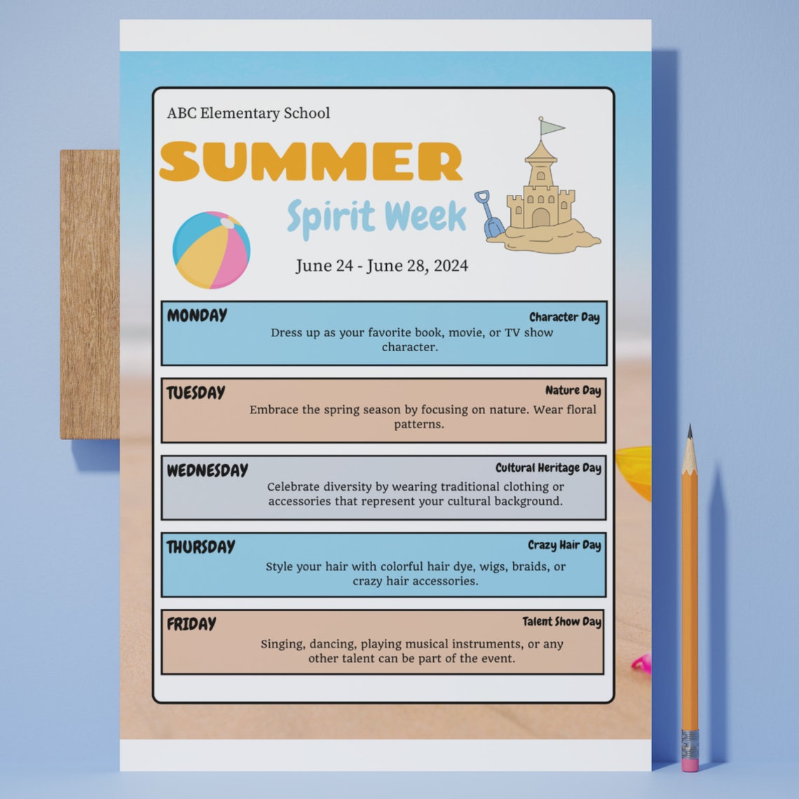 Summer Spirit Week Template Version 2 | Spirit Week Ideas for School ...