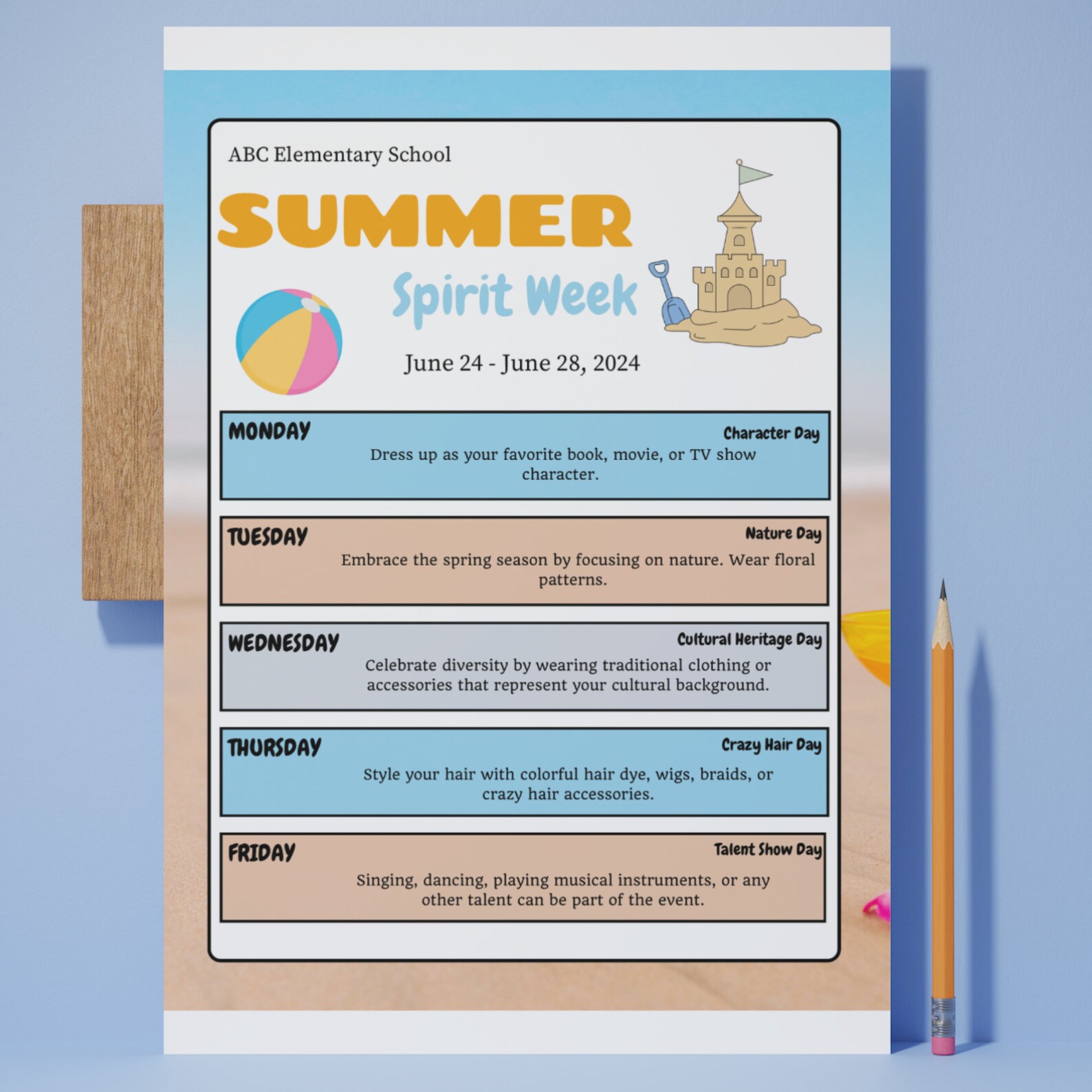 Summer Spirit Week Template Version 2 | Spirit Week Ideas for School ...
