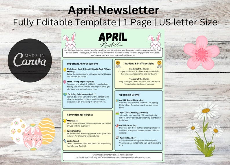 April Newsletter Editable Canva Template for Schools, Daycare, Work - Etsy