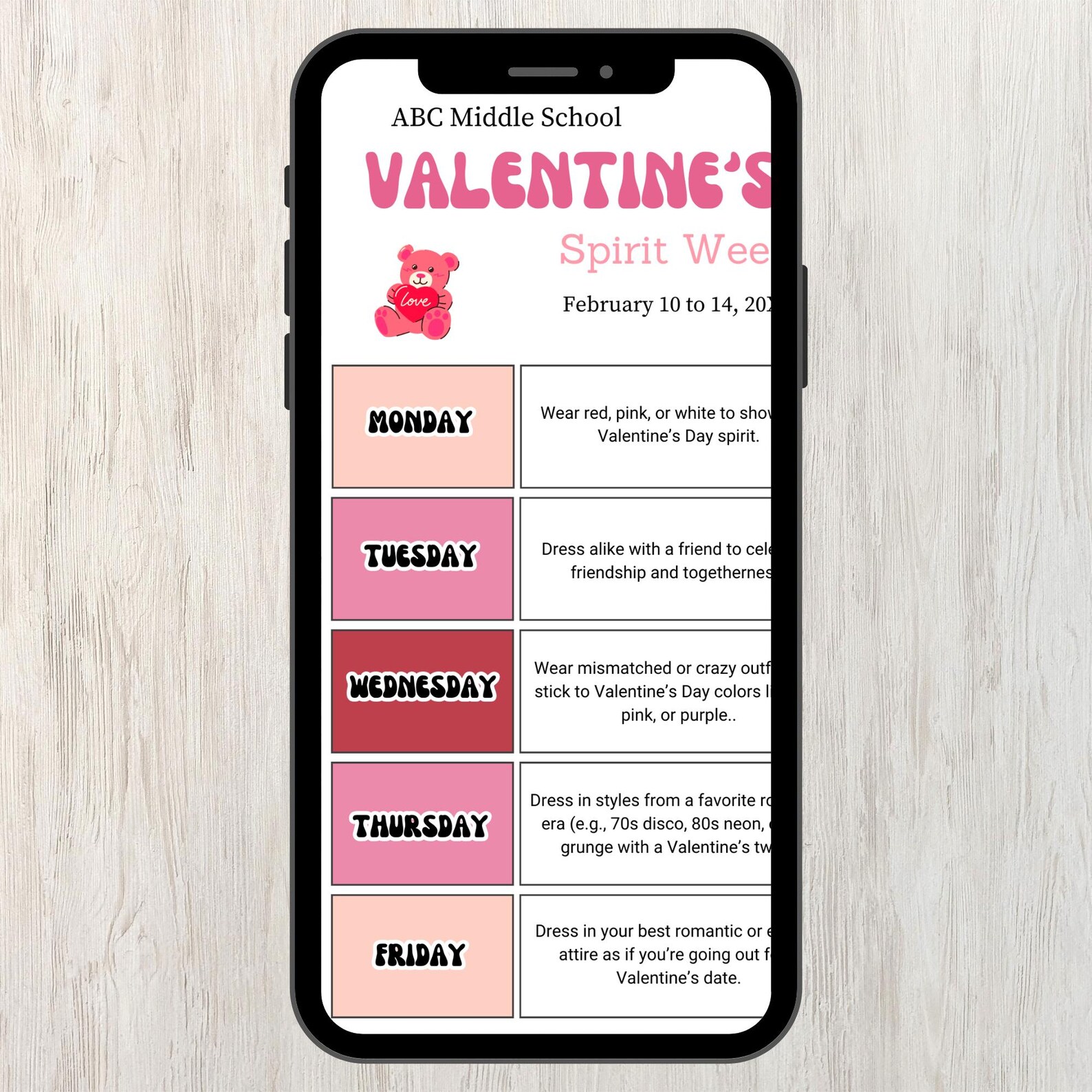 Valentine’s Spirit Week Editable Flyer Template | Dress up Activity ...