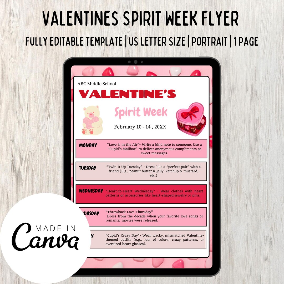 Valentine’s Spirit Week Editable Flyer Template V2 – Fun & Creative ...