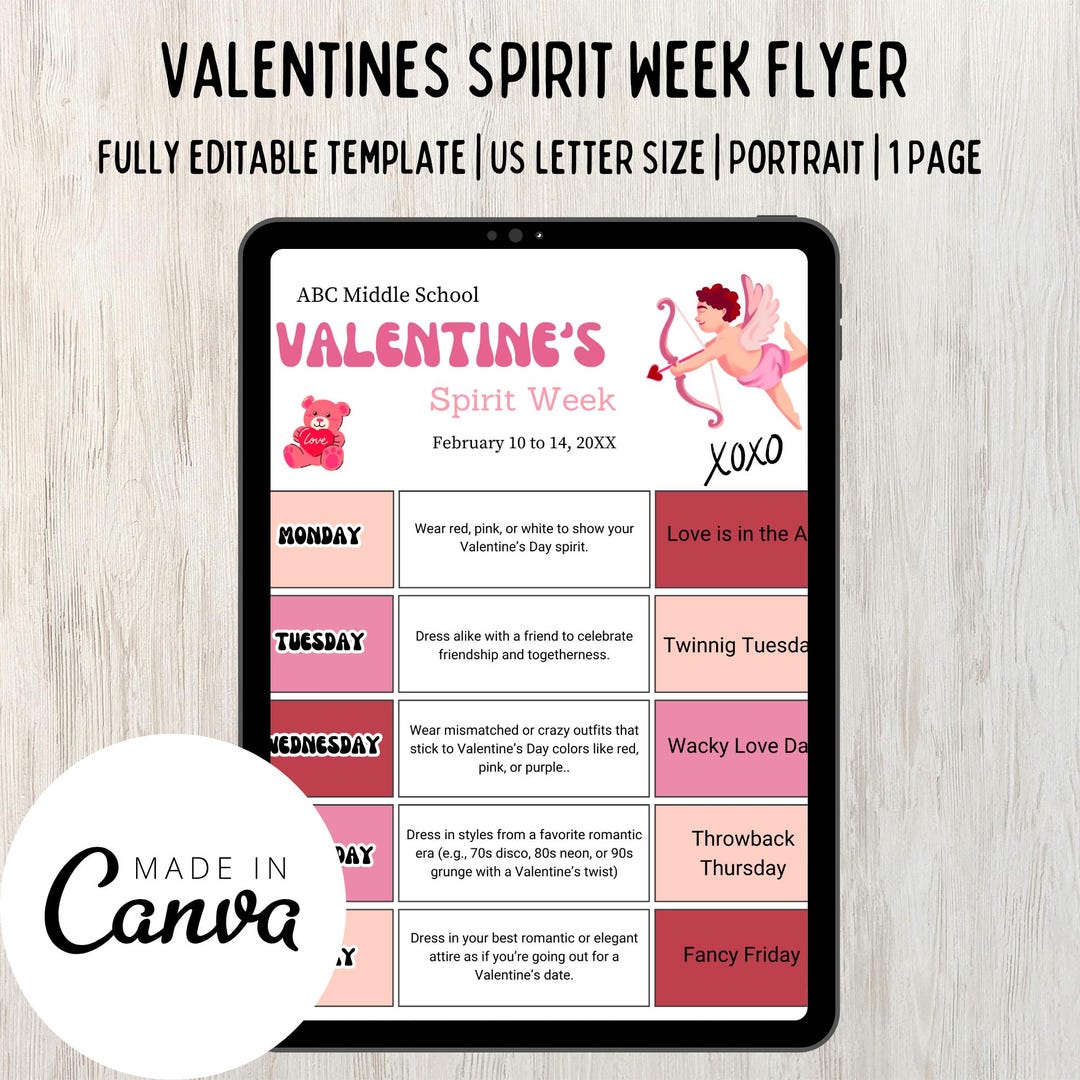 Valentine’s Spirit Week Editable Flyer Template | Dress up Activity ...