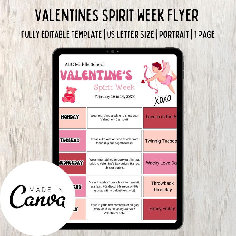 Valentine’s Spirit Week Editable Flyer Template | Dress up Activity ...
