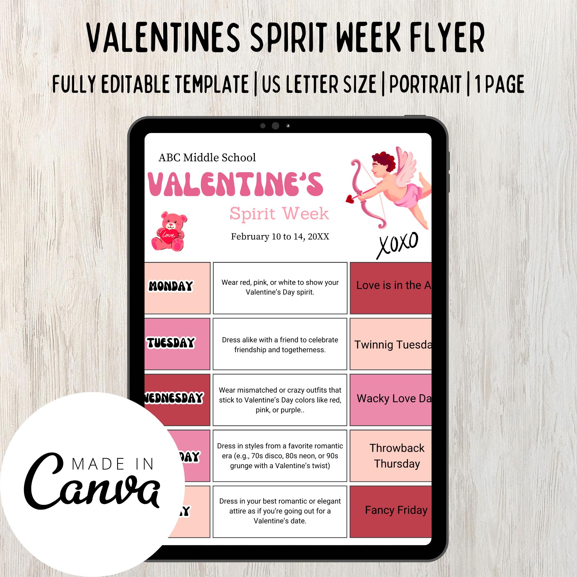 Valentine’s Spirit Week Editable Flyer Template | Dress up Activity ...