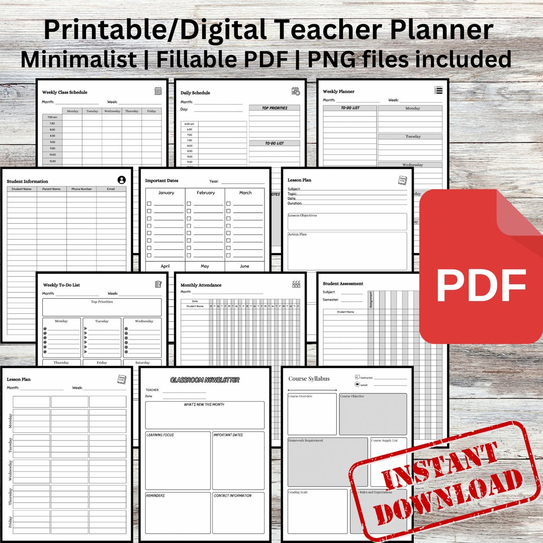 Minimalist Teacher Planner in Black and White Digital, Printable ...