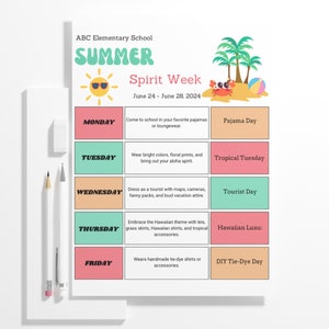 Summer Spirit Week Template Version 1 | Spirit Week Ideas for School ...