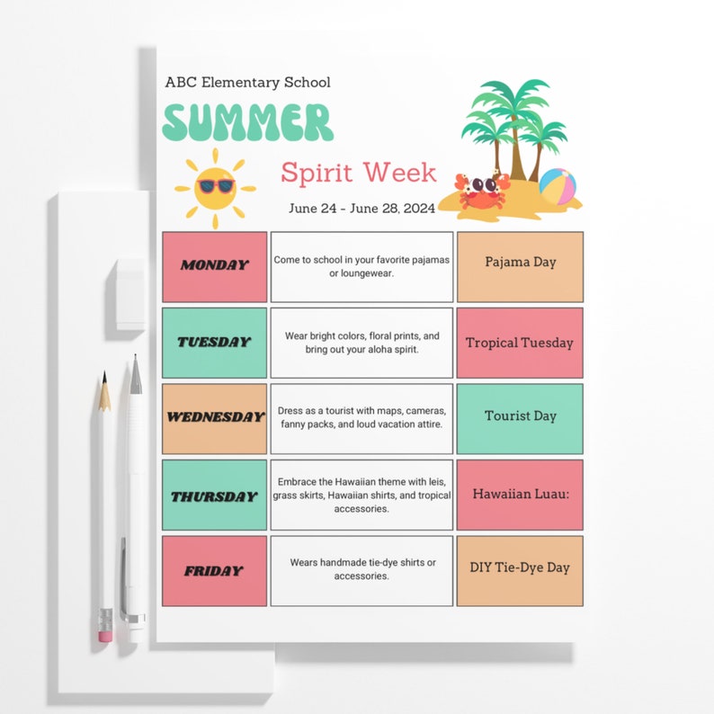 Summer Spirit Week Template Version 1 | Spirit Week Ideas for School ...